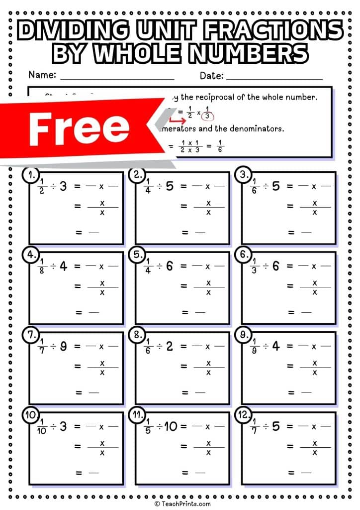 Dividing Unit Fractions by Whole Numbers Worksheets - Teach Prints