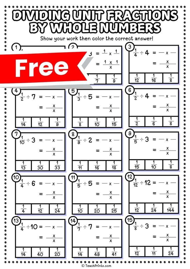 Dividing Unit Fractions by Whole Numbers Worksheets - Teach Prints