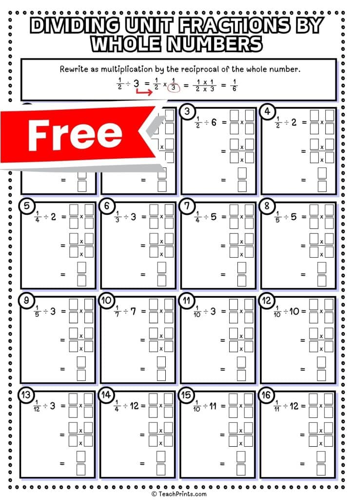 Dividing Unit Fractions by Whole Numbers Worksheets - Teach Prints