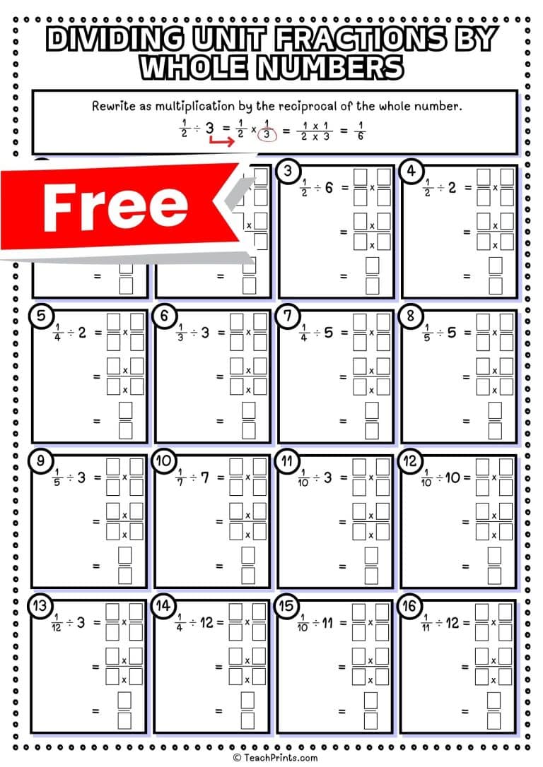 Dividing Unit Fractions by Whole Numbers Worksheets - Teach Prints