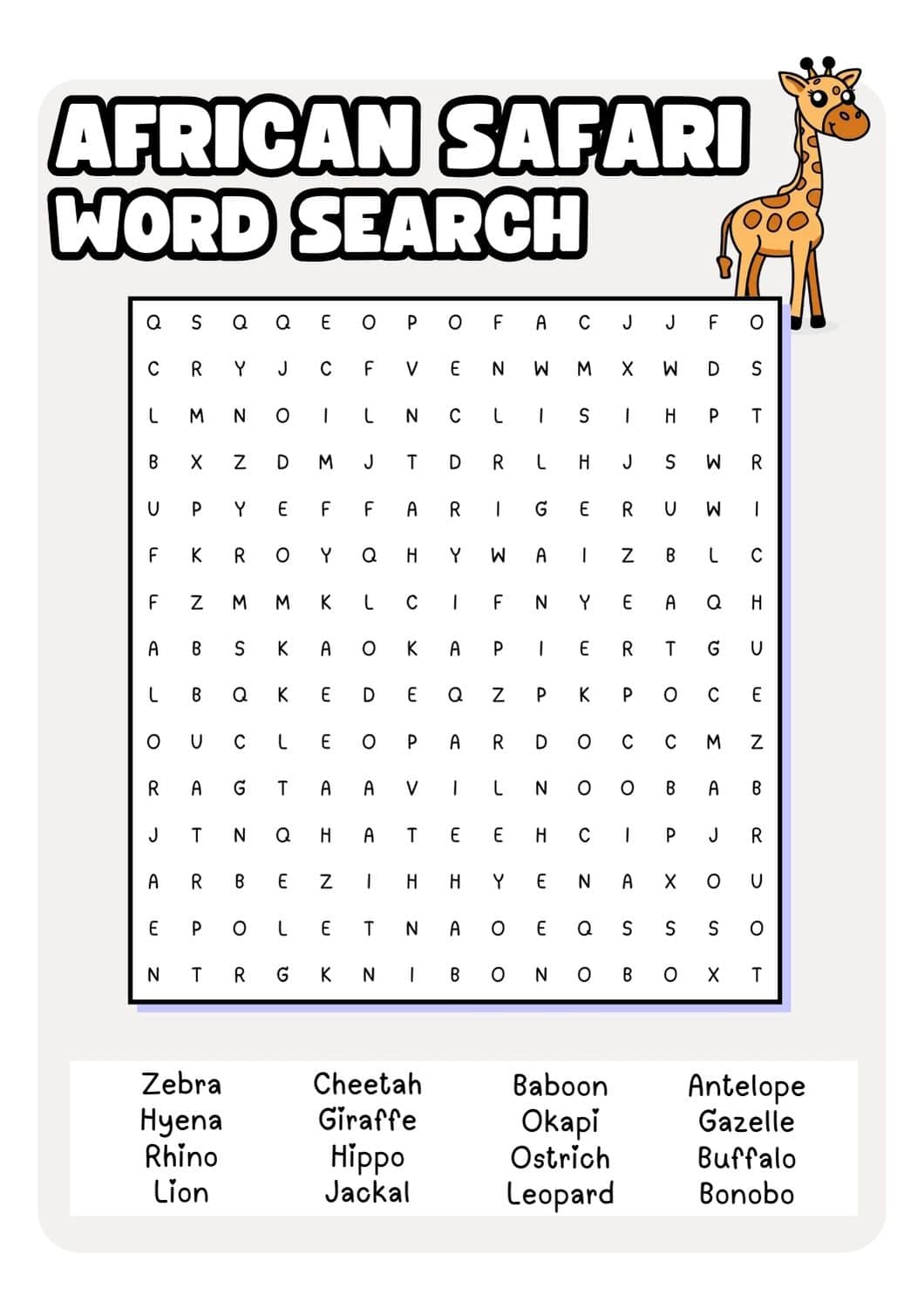 African Safari Word Searches (Free to Print!) - Teach Prints