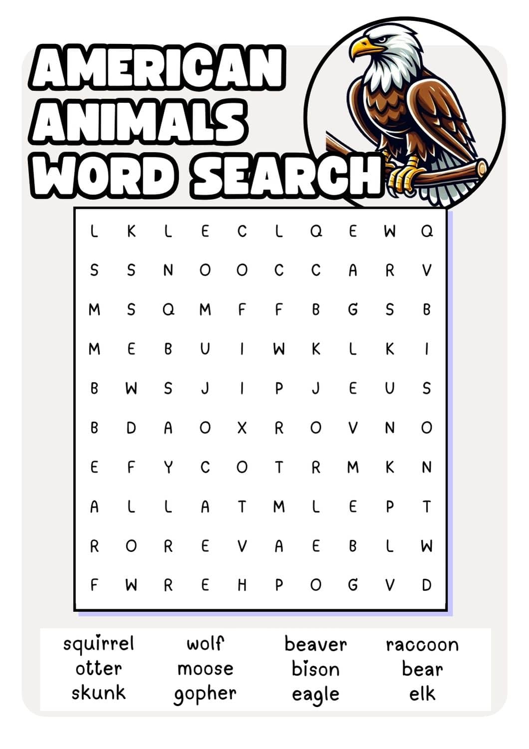 American Animals Word Searches (Free to Print) - Teach Prints