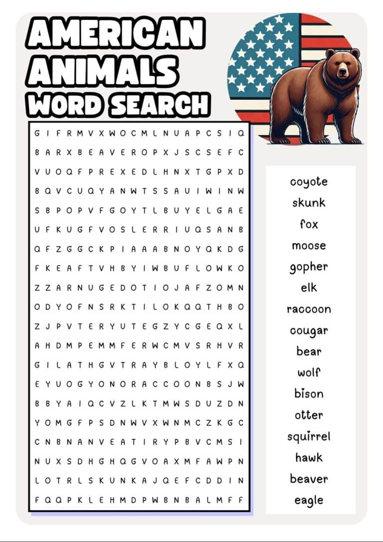American Animals Word Searches (Free to Print) - Teach Prints