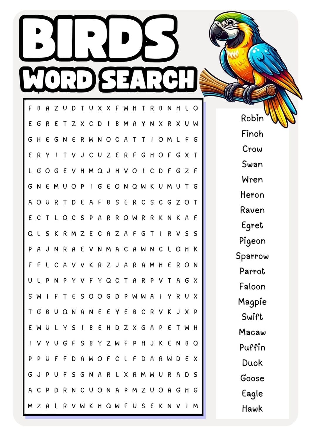 Birds Word Searches (Free to Print!) - Teach Prints