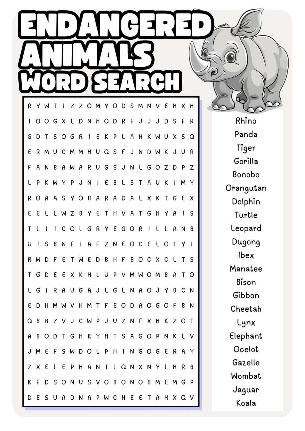 Endangered Animals Word Searches (Free to Print) - Teach Prints