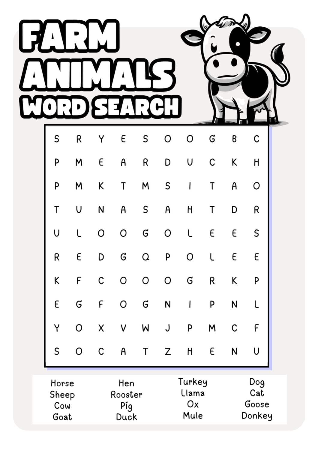 Farm Animals Word Searches (Free to Print!) - Teach Prints