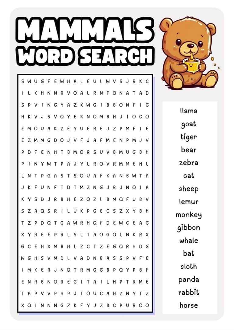 Mammals Word Searches (Free to Print) - Teach Prints