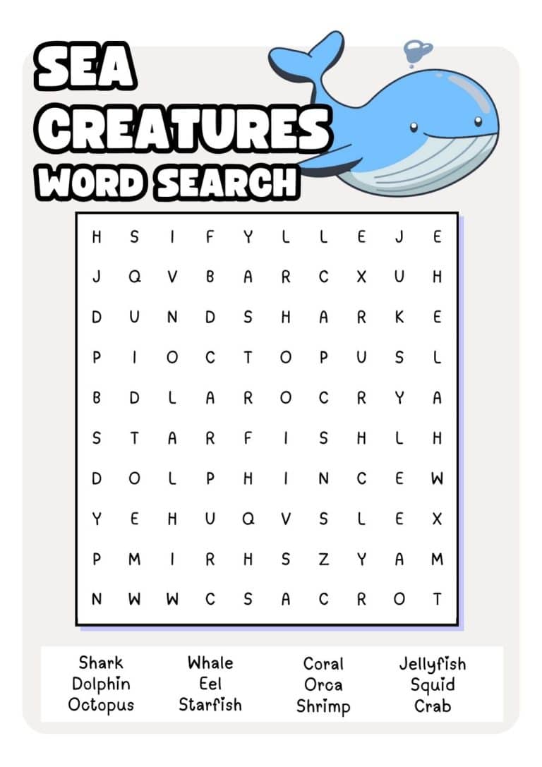 Sea Animals Word Searches (Free to Print) - Teach Prints