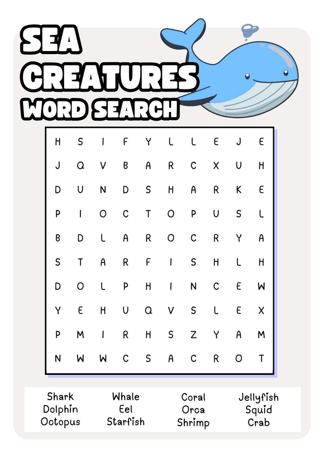 Sea Animals Word Searches (Free to Print) - Teach Prints