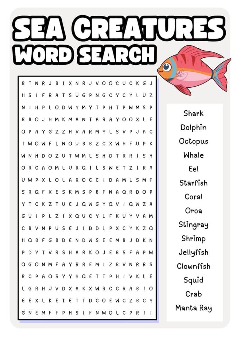 Sea Animals Word Searches (Free to Print) - Teach Prints