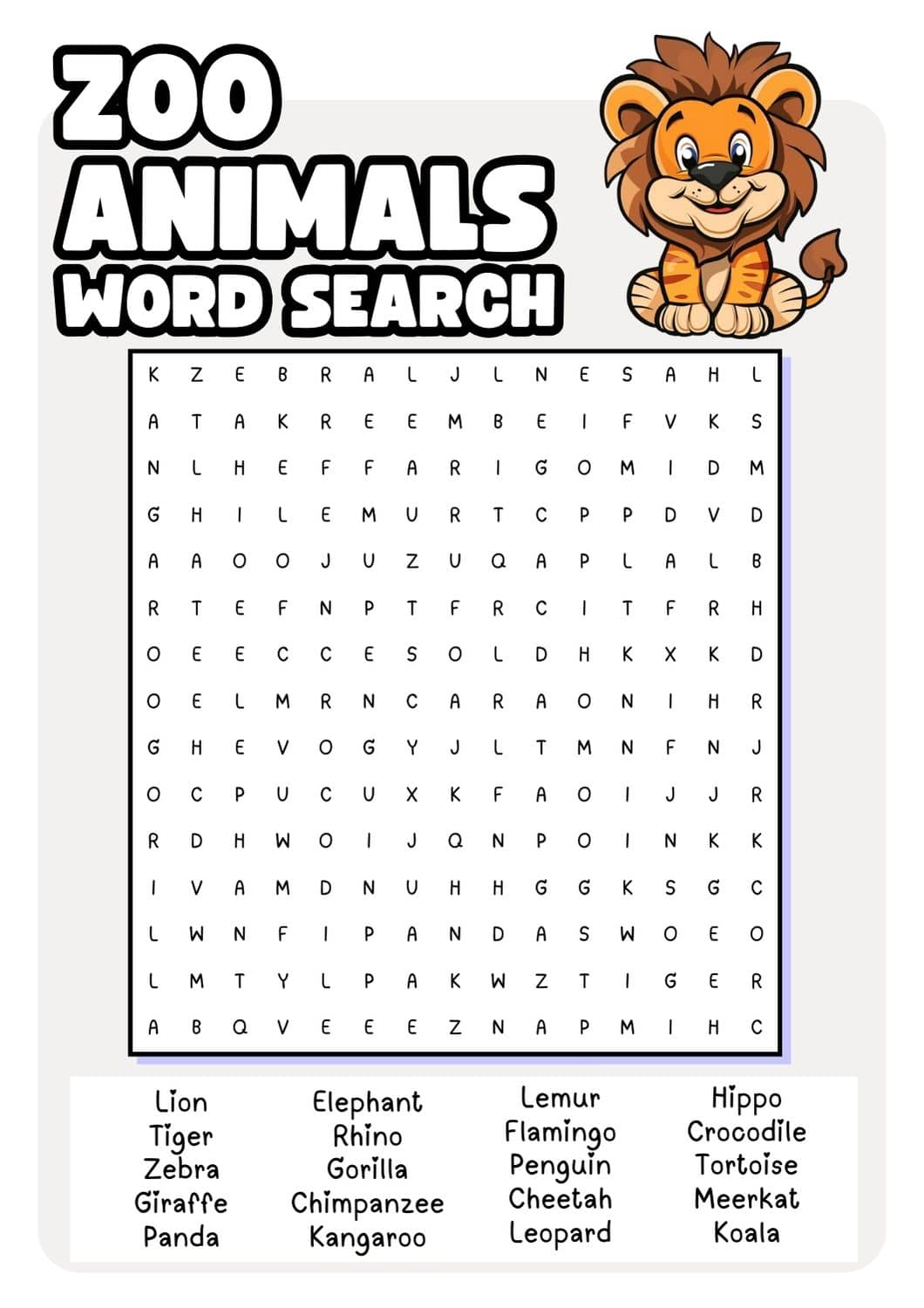 Zoo Animals Word Searches (Free to Print!) - Teach Prints