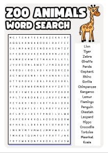 Zoo Animals Word Searches (Free to Print!) - Teach Prints