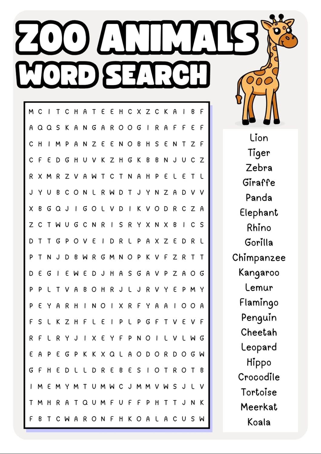 Zoo Animals Word Searches (Free to Print!) - Teach Prints