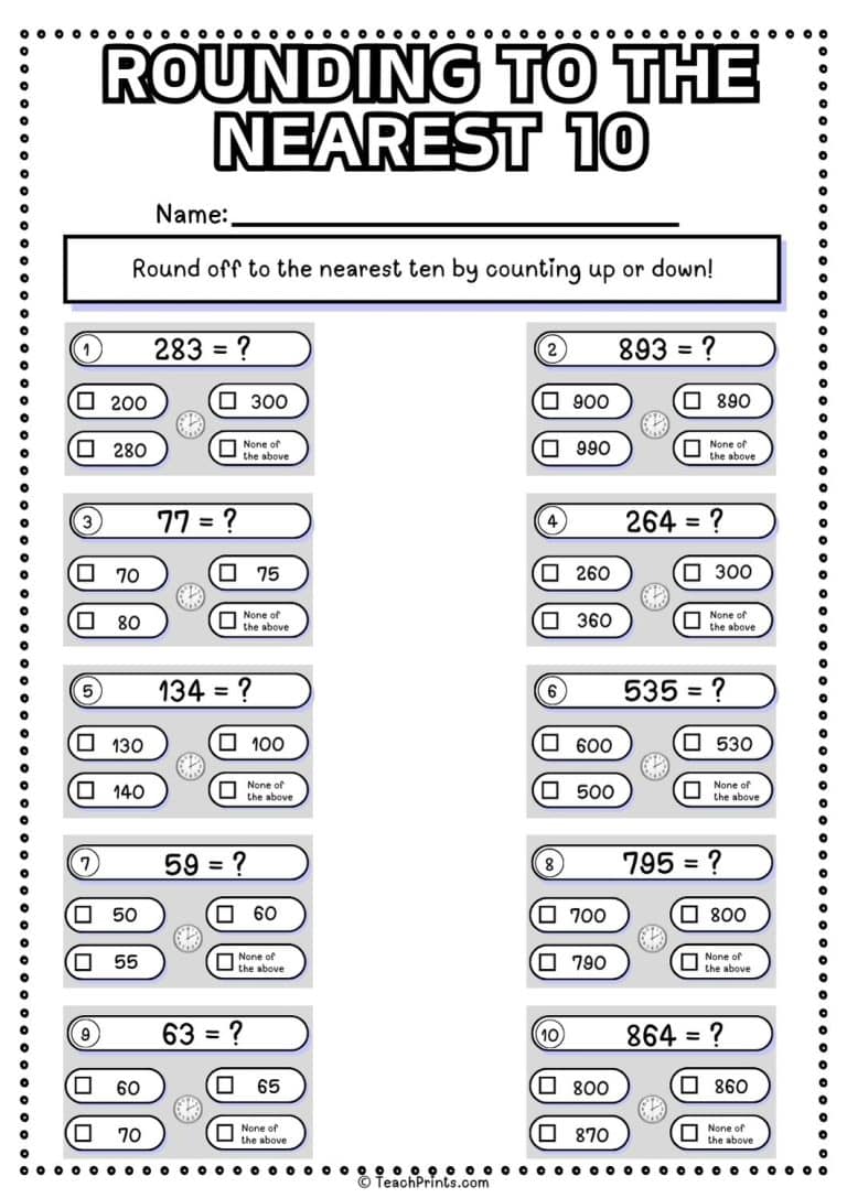 Free Rounding to the Nearest 10 Worksheets - Teach Prints