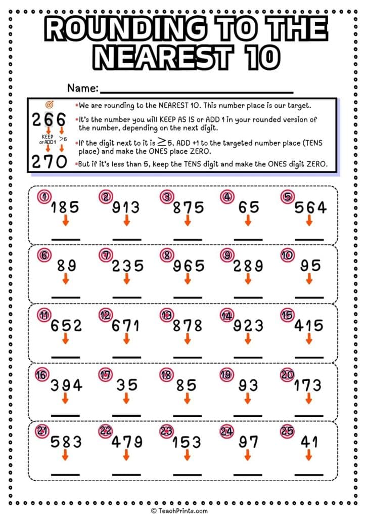 Free Rounding to the Nearest 10 Worksheets - Teach Prints
