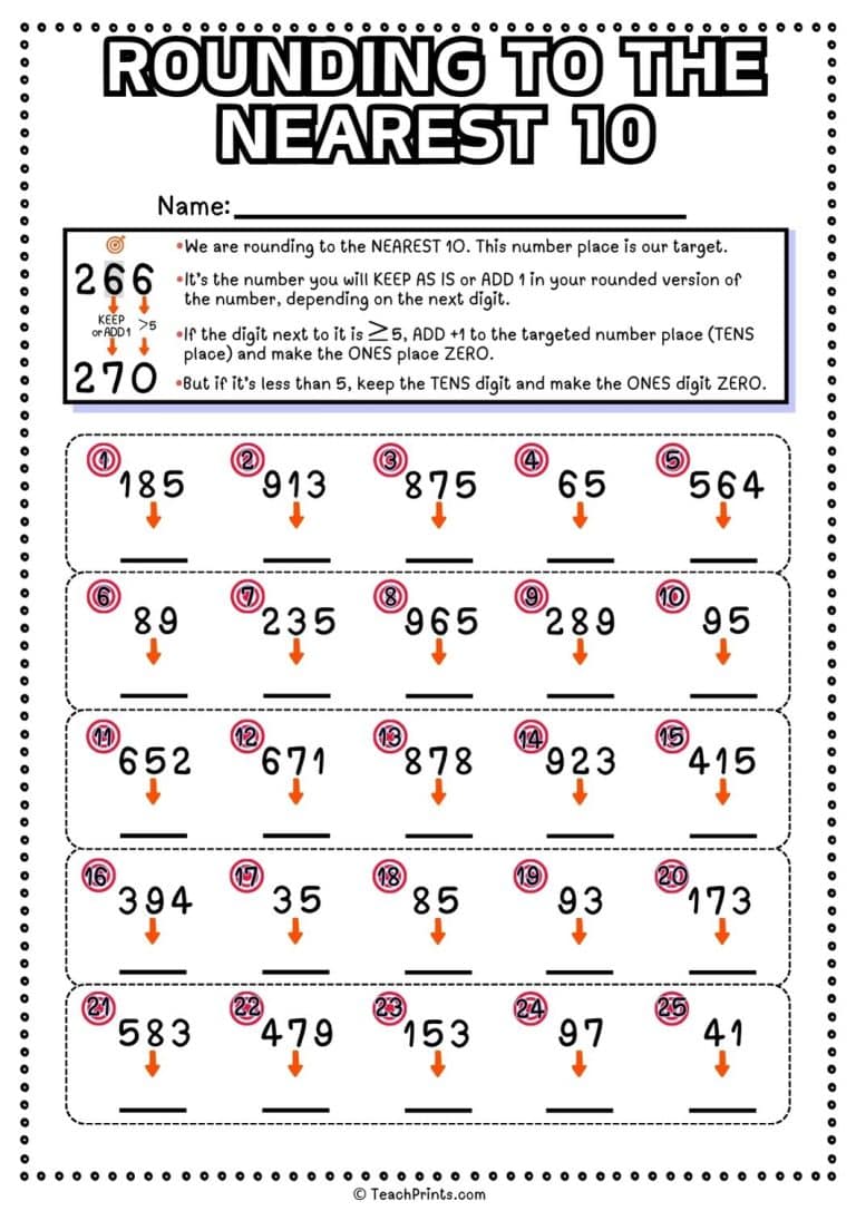 Free Rounding to the Nearest 10 Worksheets - Teach Prints