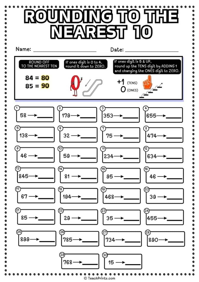 Free Rounding to the Nearest 10 Worksheets - Teach Prints