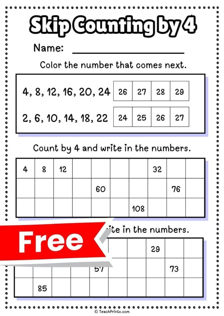 Skip Counting by 4 Worksheets (Free Printable Pdfs) - Teach Prints