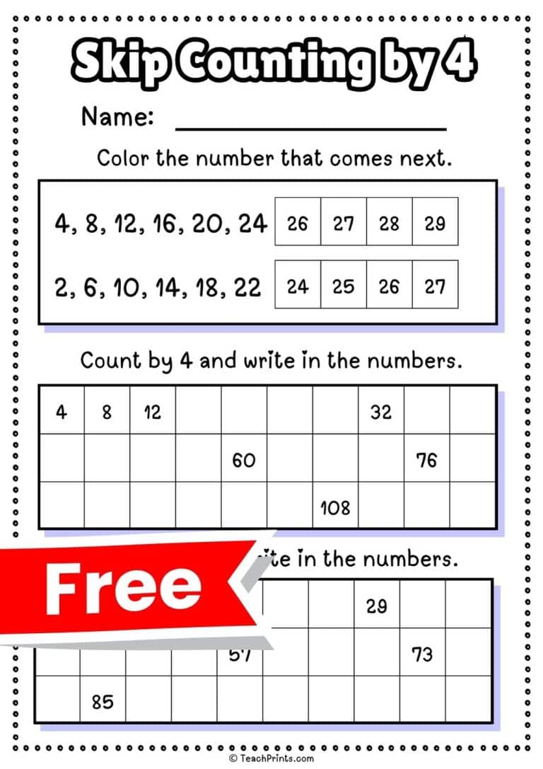 Skip Counting by 4 Worksheets (Free Printable Pdfs) - Teach Prints