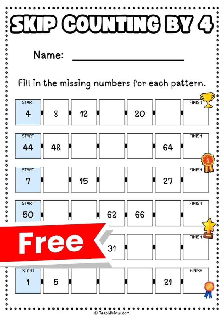 Skip Counting by 4 Worksheets (Free Printable Pdfs) - Teach Prints