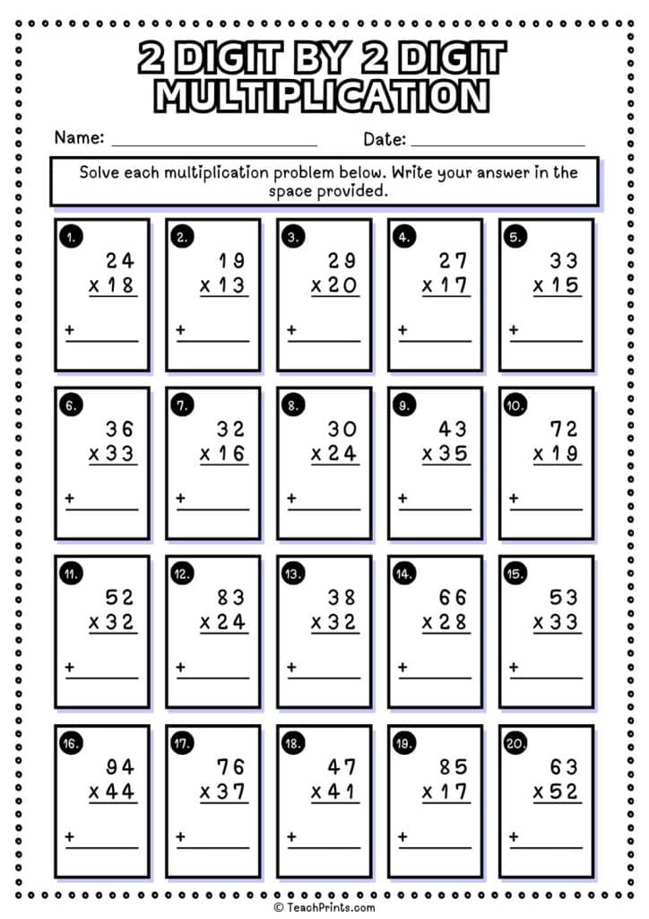 Free 2 Digit by 2 Digit Multiplication Worksheets - Teach Prints
