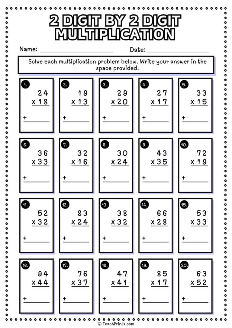 Free 2 Digit by 2 Digit Multiplication Worksheets - Teach Prints
