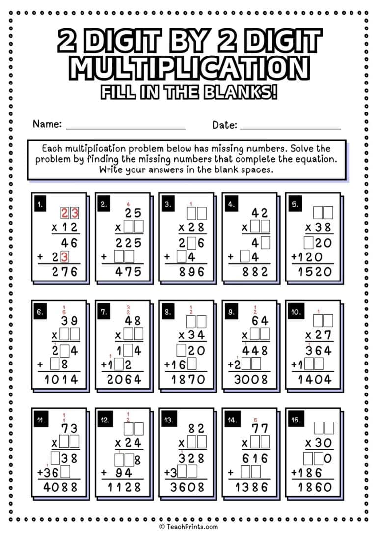 Free 2 Digit by 2 Digit Multiplication Worksheets - Teach Prints