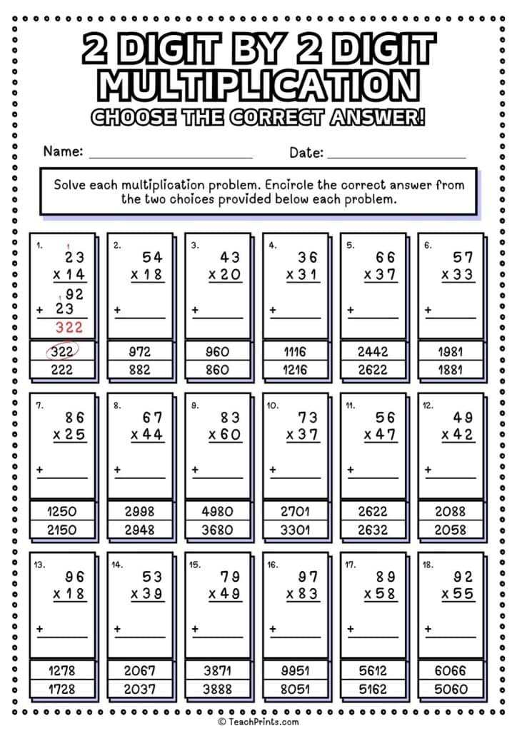 Free 2 Digit by 2 Digit Multiplication Worksheets - Teach Prints