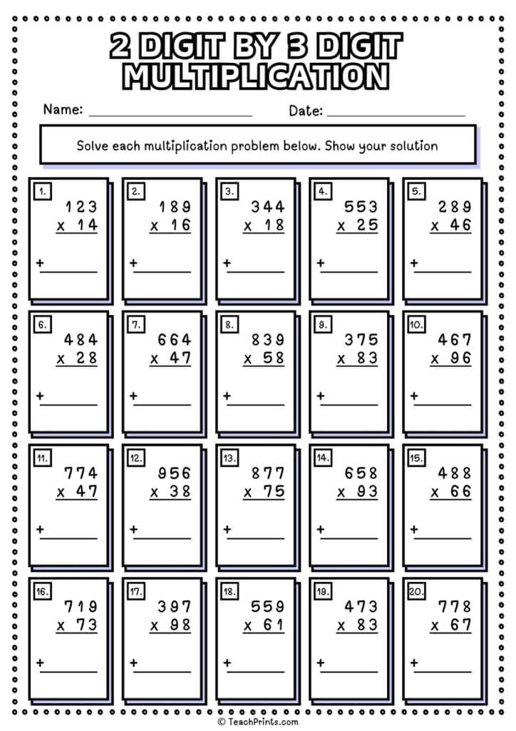 Free 2 Digit by 3 Digit Multiplication Worksheets - Teach Prints