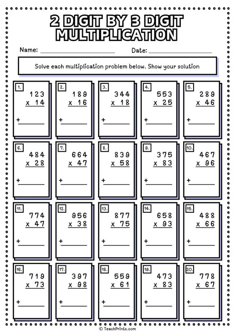 Free 2 Digit by 3 Digit Multiplication Worksheets - Teach Prints