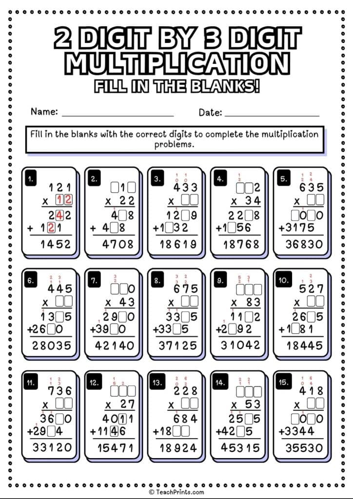 Free 2 Digit by 3 Digit Multiplication Worksheets - Teach Prints