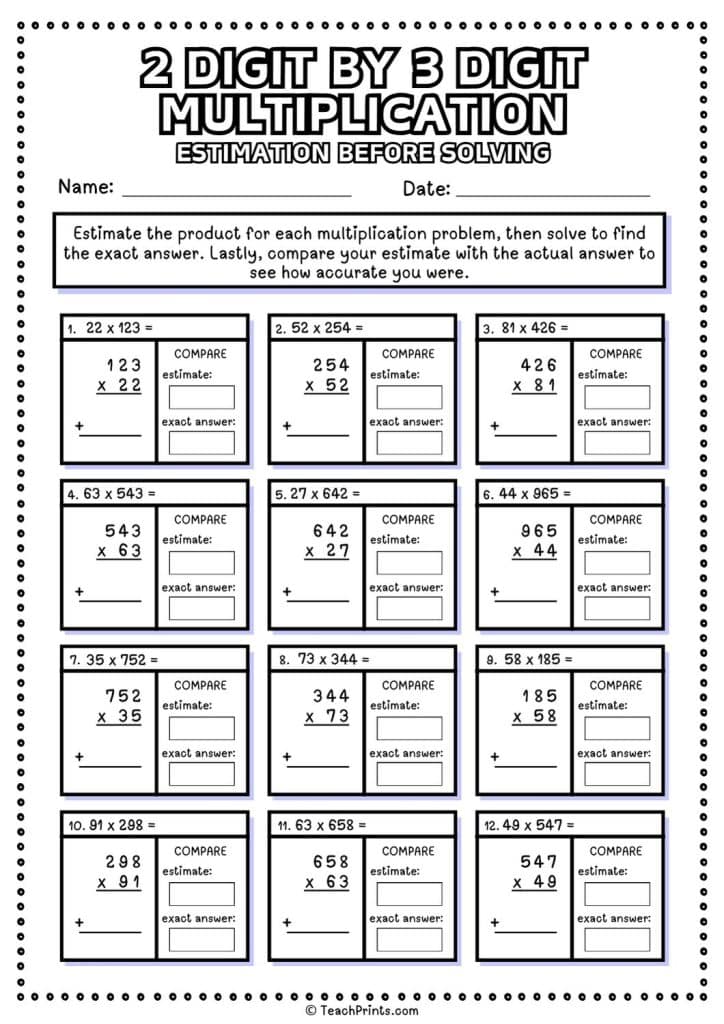 Free 2 Digit by 3 Digit Multiplication Worksheets - Teach Prints