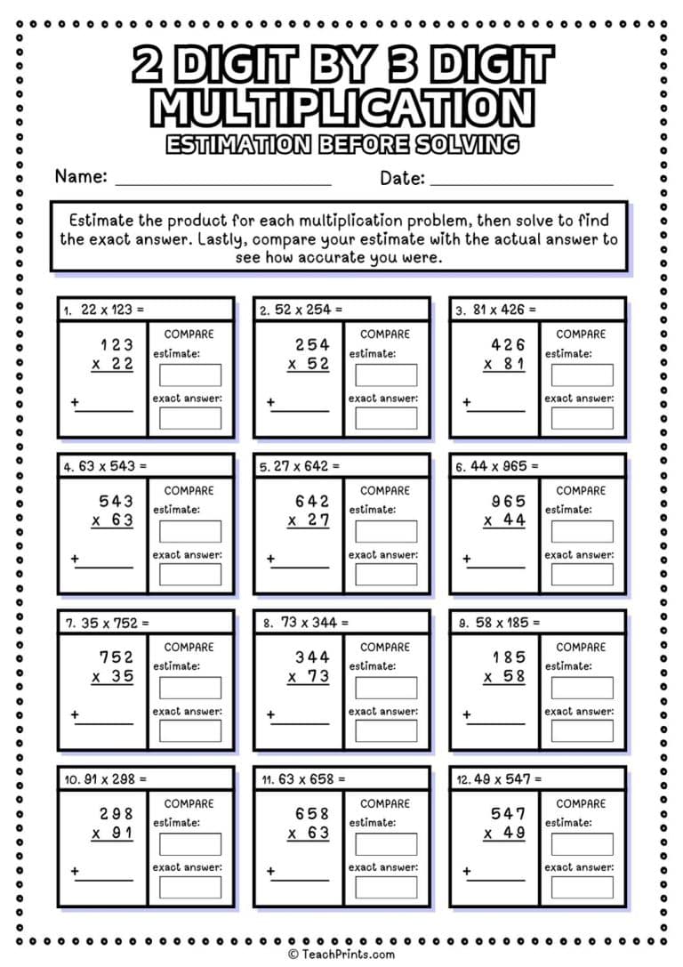 Free 2 Digit by 3 Digit Multiplication Worksheets - Teach Prints