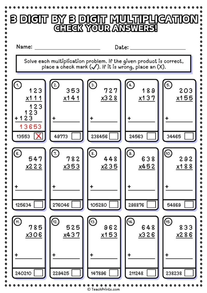 Free 3 Digit by 3 Digit Multiplication Worksheets - Teach Prints