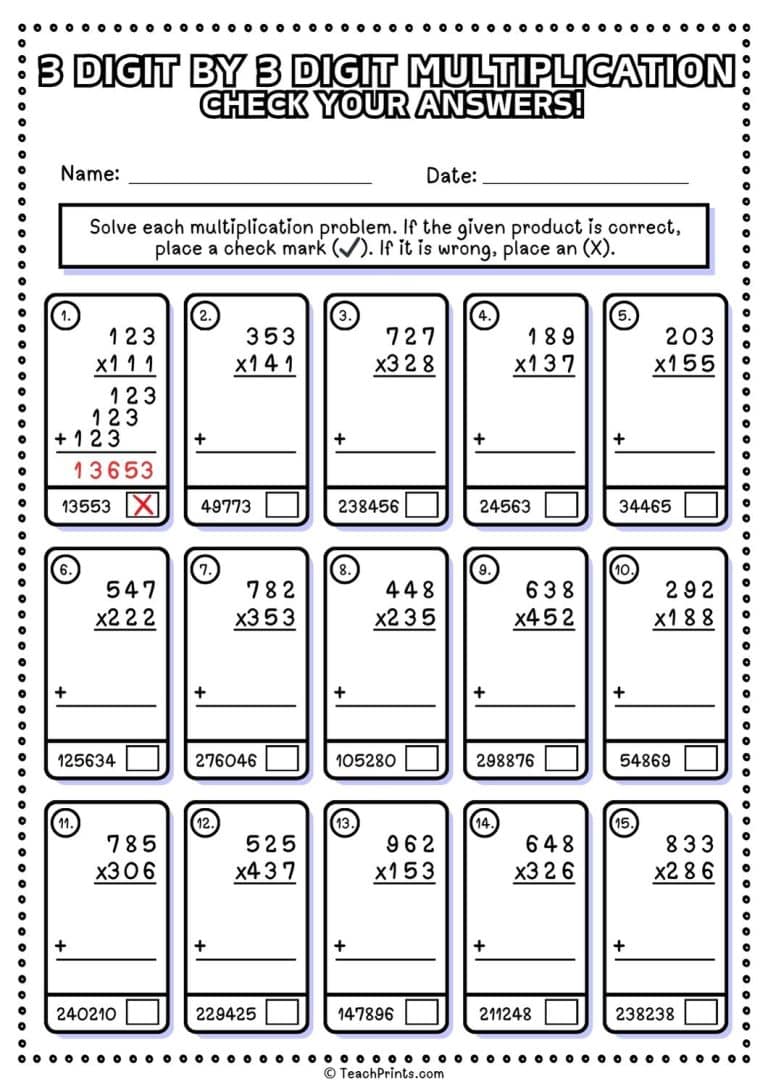 Free 3 Digit by 3 Digit Multiplication Worksheets - Teach Prints