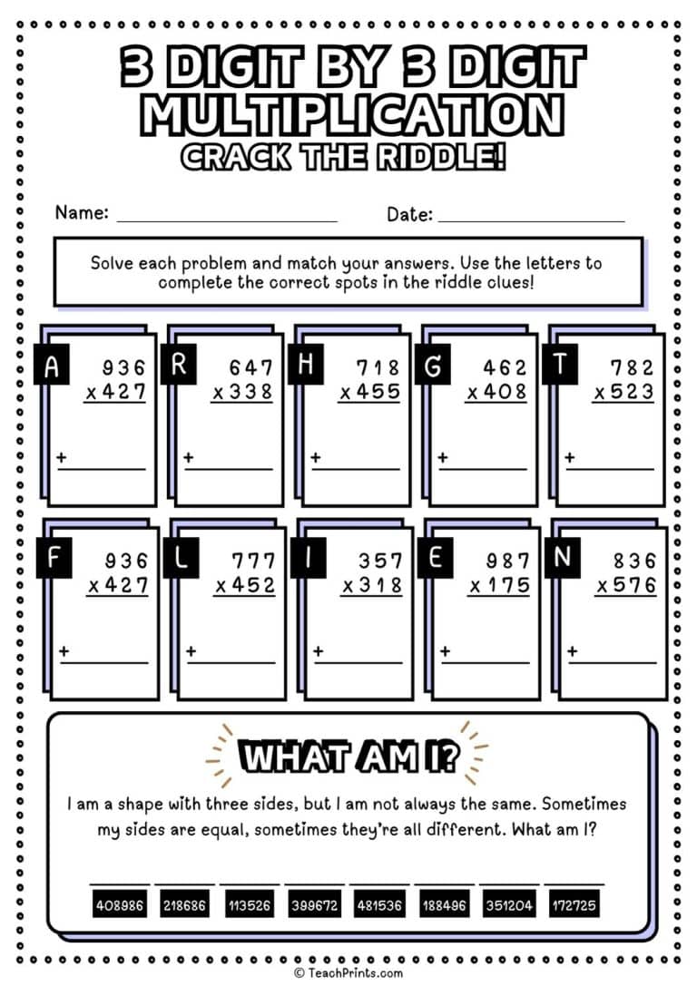 Free 3 Digit by 3 Digit Multiplication Worksheets - Teach Prints
