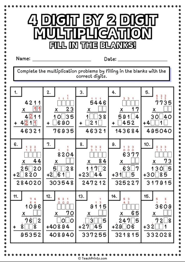 Free 4 Digit by 2 Digit Multiplication Worksheets - Teach Prints