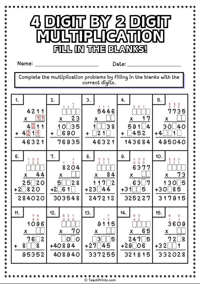 Free 4 Digit by 2 Digit Multiplication Worksheets - Teach Prints