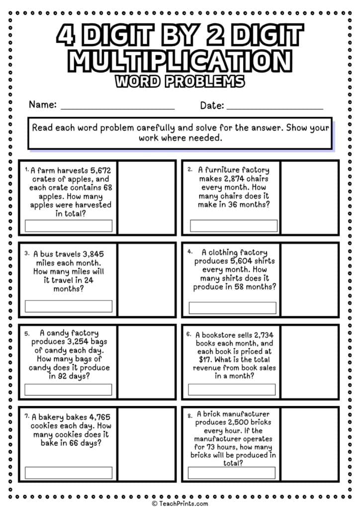 Free 4 Digit by 2 Digit Multiplication Worksheets - Teach Prints