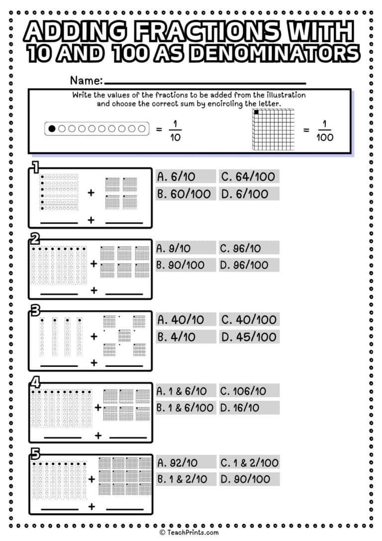 Free Adding Fractions with 10 and 100 as Denominators Worksheets ...