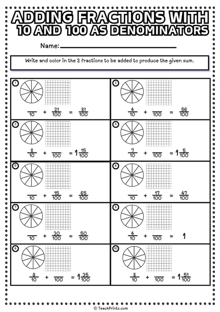 Free Adding Fractions with 10 and 100 as Denominators Worksheets ...