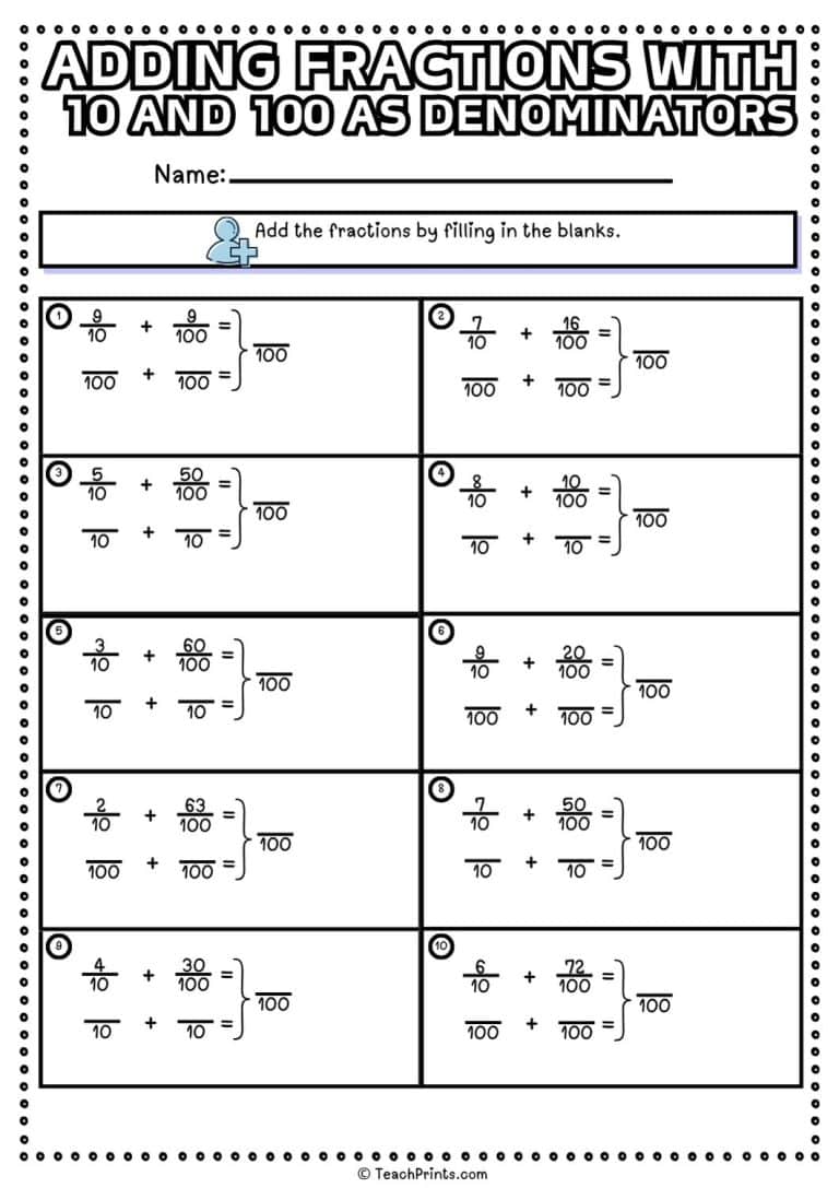 Free Adding Fractions with 10 and 100 as Denominators Worksheets ...
