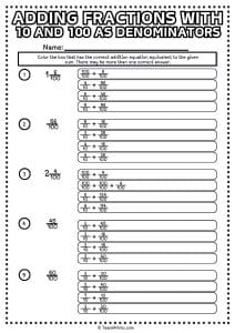 Free Adding Fractions with 10 and 100 as Denominators Worksheets ...