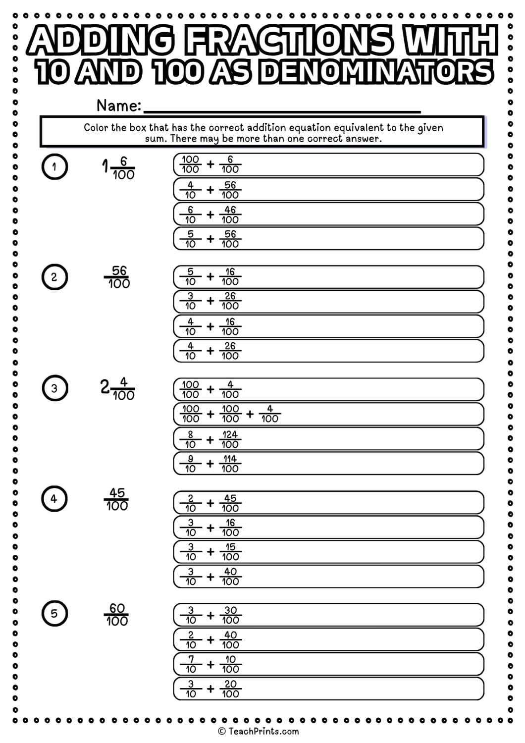 Free Adding Fractions with 10 and 100 as Denominators Worksheets ...