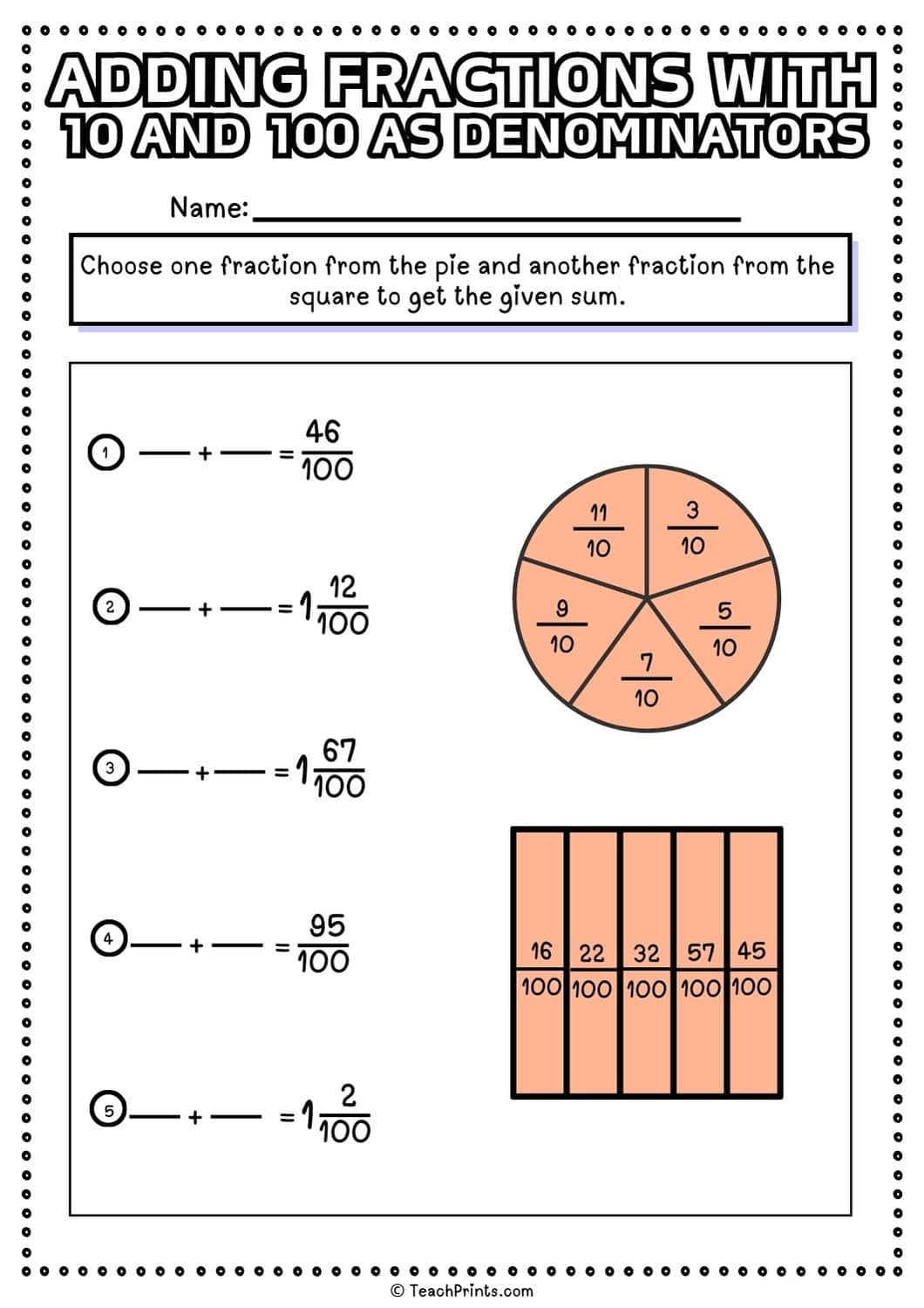 Free Adding Fractions with 10 and 100 as Denominators Worksheets ...
