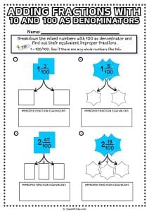 Free Adding Fractions with 10 and 100 as Denominators Worksheets ...