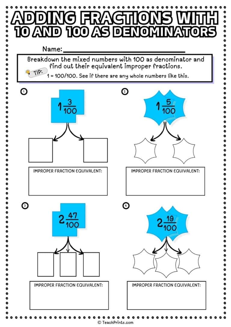 Free Adding Fractions with 10 and 100 as Denominators Worksheets ...