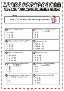 Free Adding Fractions with 10 and 100 as Denominators Worksheets ...