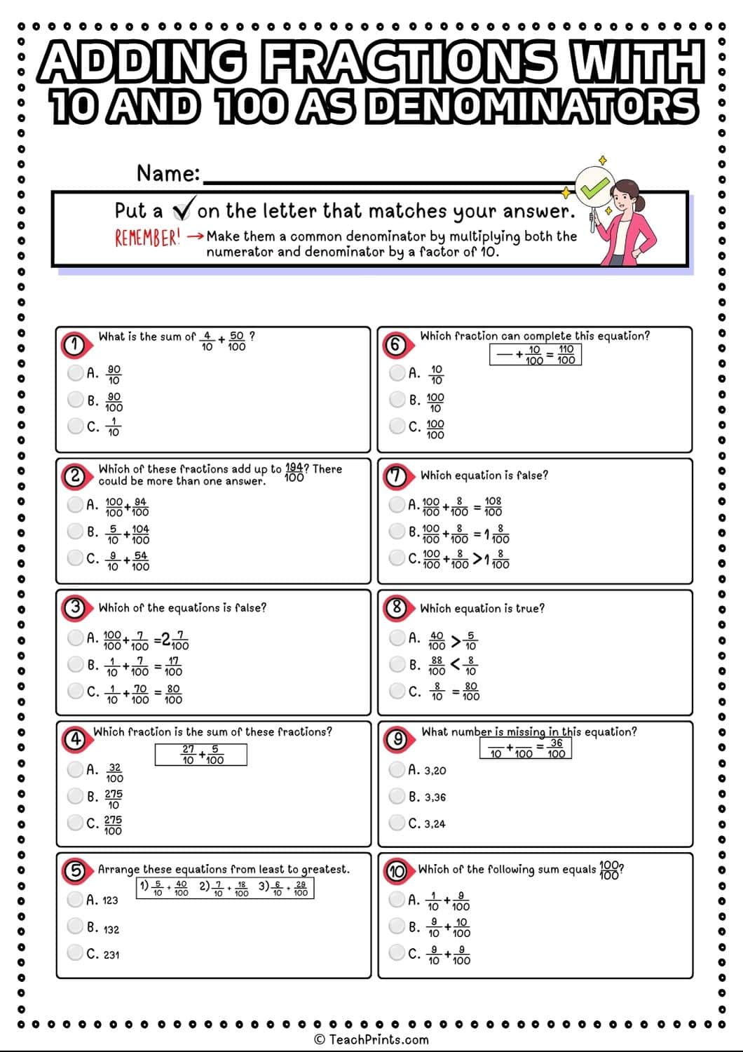 Free Adding Fractions with 10 and 100 as Denominators Worksheets ...