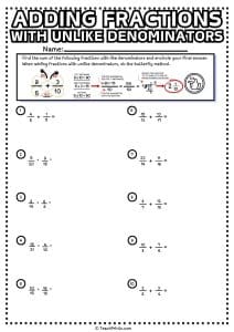 Free Adding Fractions with Unlike Denominators Worksheets - Teach Prints